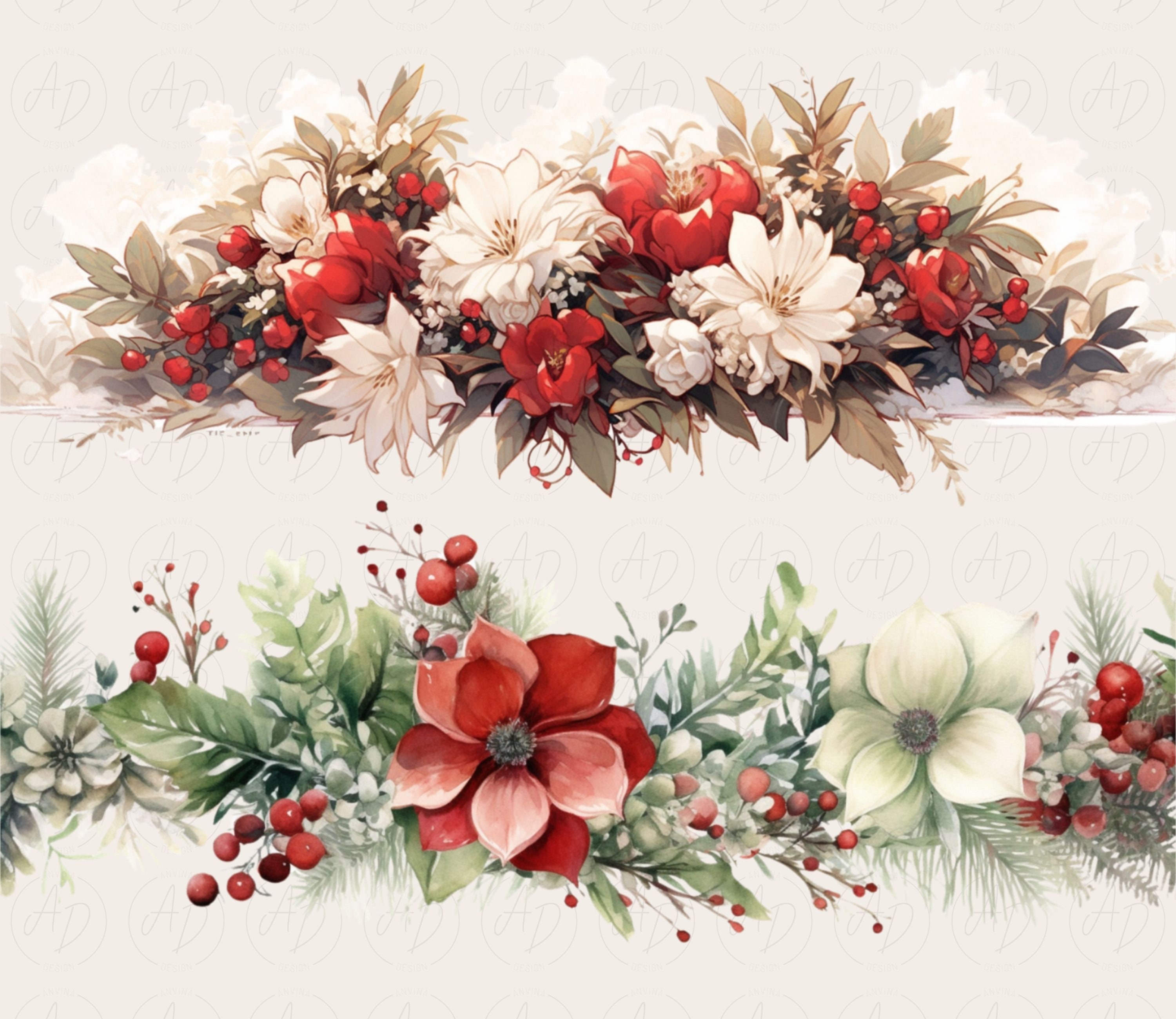 30 Winter Flower Borders Clipart PNG Watercolor Christmas Floral Border ...
