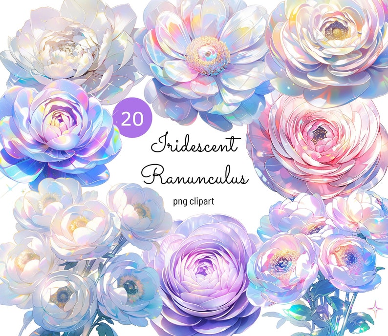 Iridescent Ranunculus Clipart Holographic Floral Clip Art Colorful ...