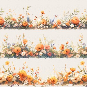Fall Floral Border Clipart: Watercolor Wildflower PNG (digital Download ...