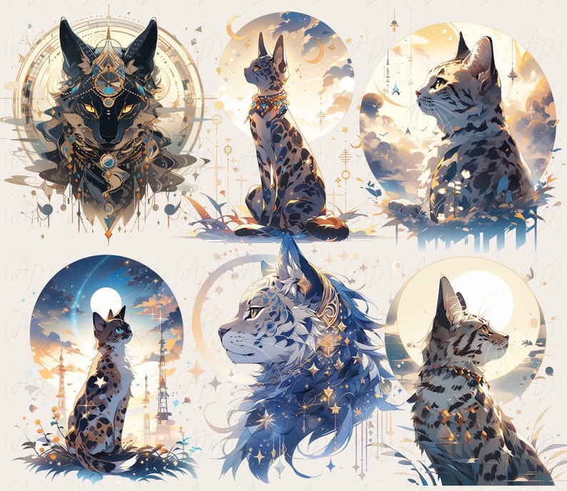 Lunar Cats Clipart Sun Moon Night Cat Clip Art Cute Kitten - Etsy