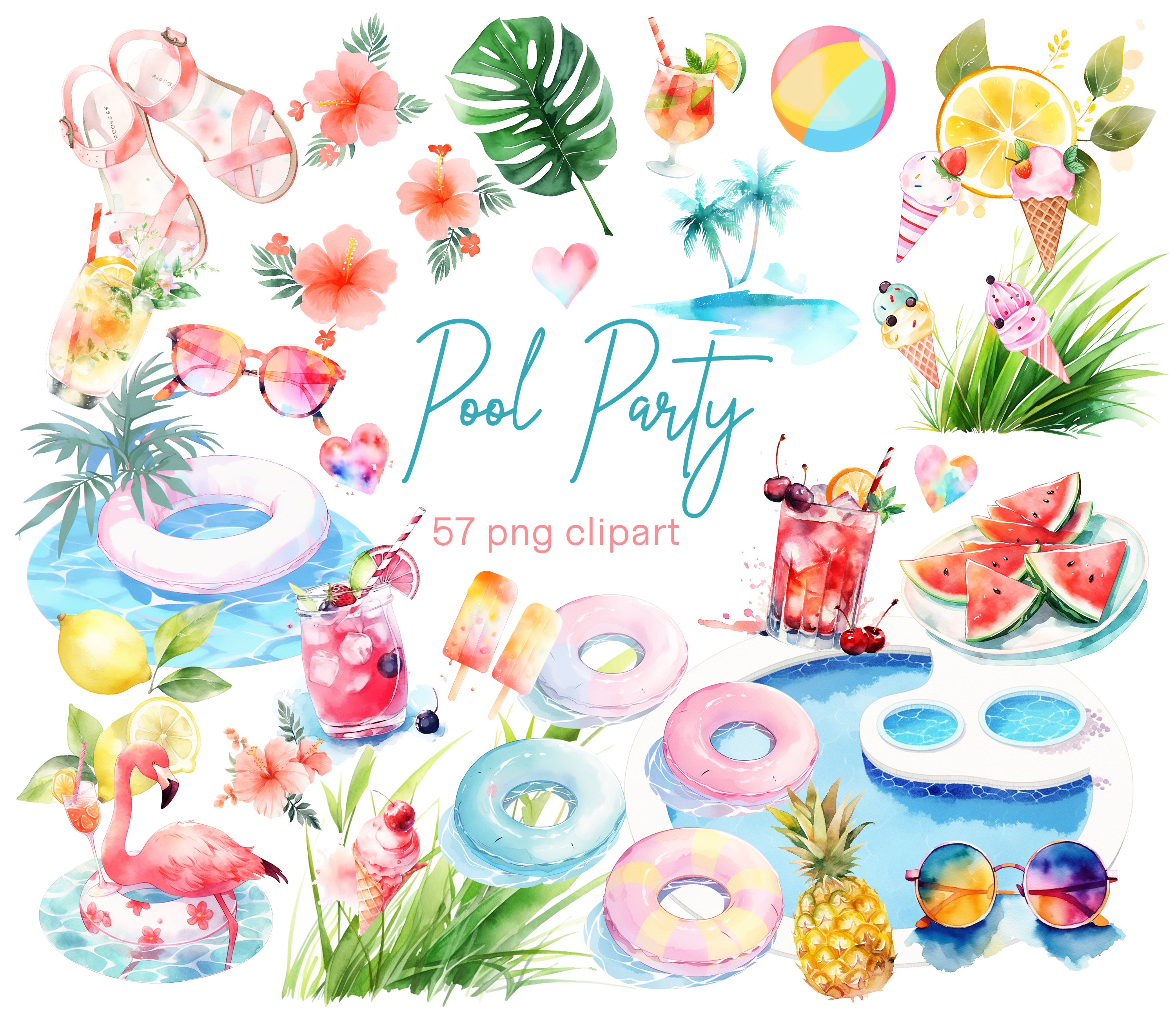 Watercolor Pool Party Clipart Summer Clipart Beach Party Clip Art Pool ...
