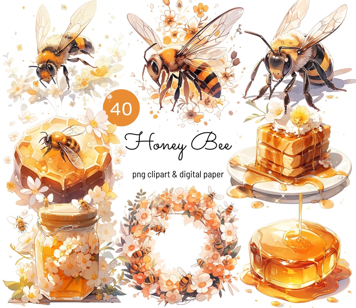 Honey Bee Clipart Honeycomb Clip Art Wildflower Wreath Floral PNG Honey ...
