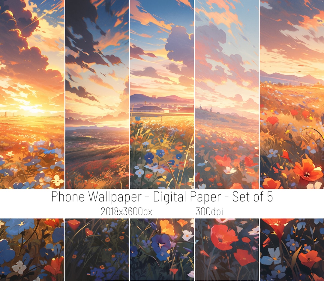 5 Phone Wallpaper Sunset Landscape Digital Paper Orange Sunset ...