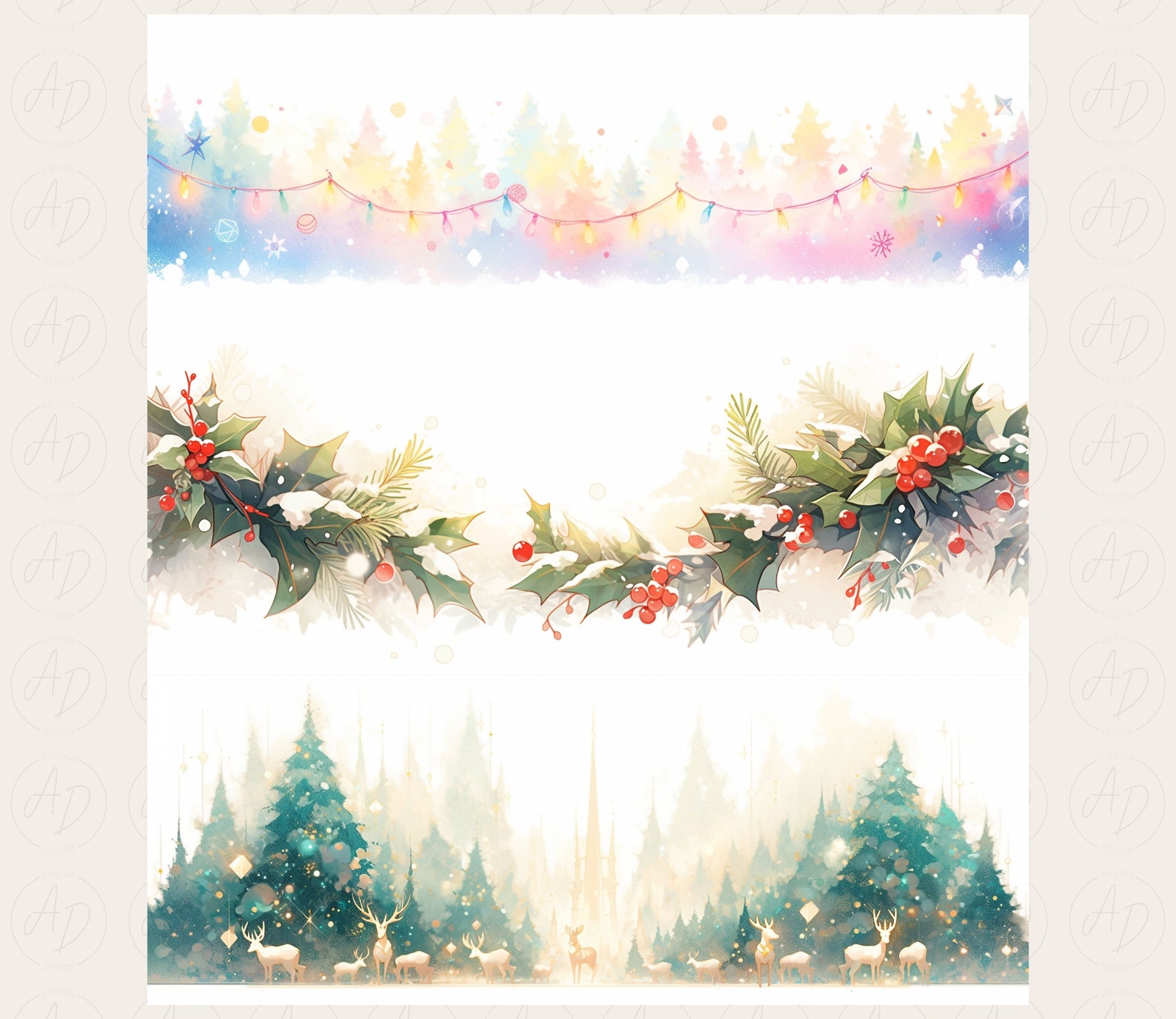 Christmas Deer Borders Clipart: Holiday Card Making Graphics (digital ...