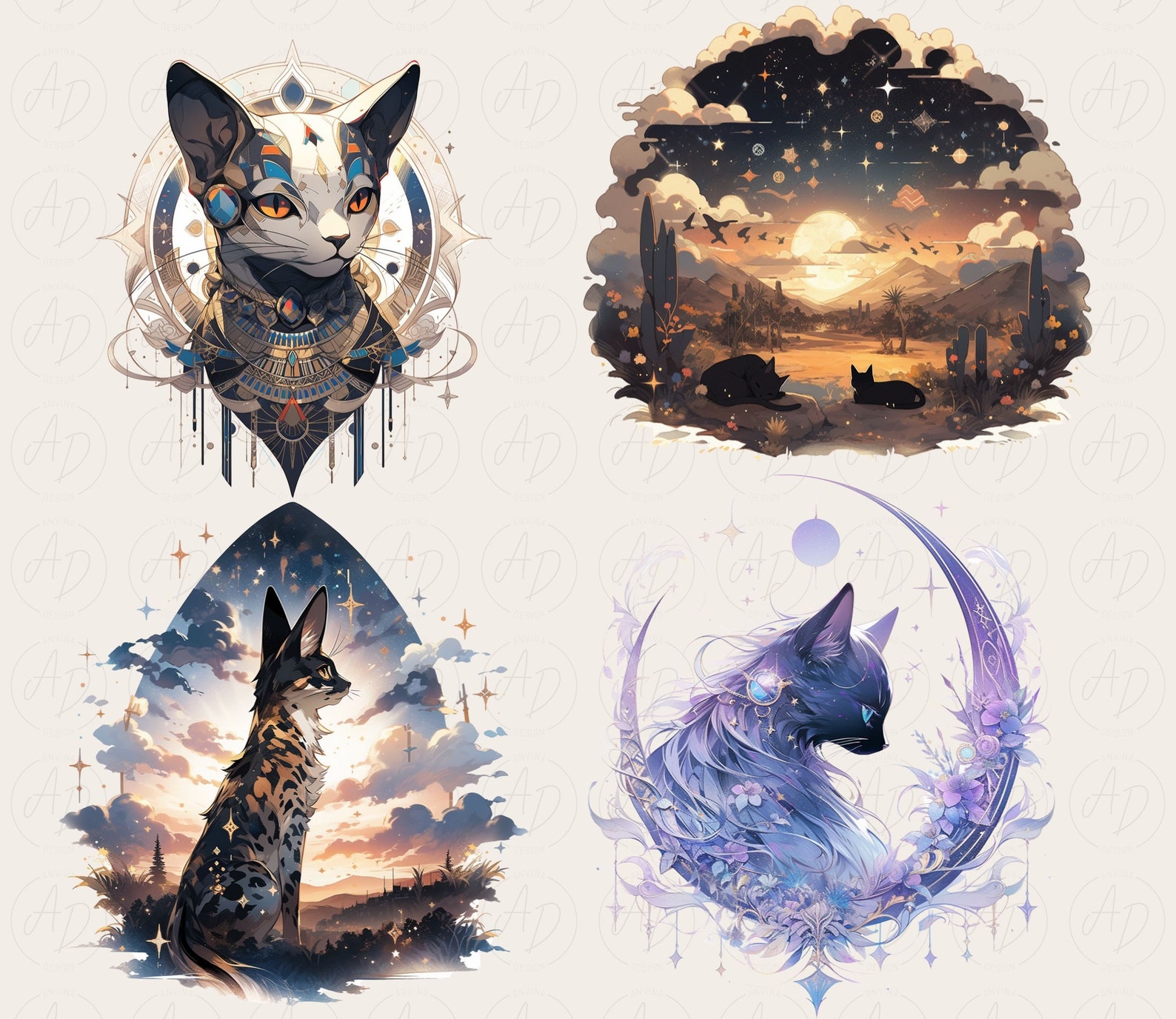 Lunar Cats Clipart Sun Moon Night Cat Clip Art Cute Kitten - Etsy