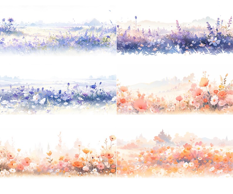 Flowerfield Borders Clipart: Floral Landscape PNG Graphics (digital ...