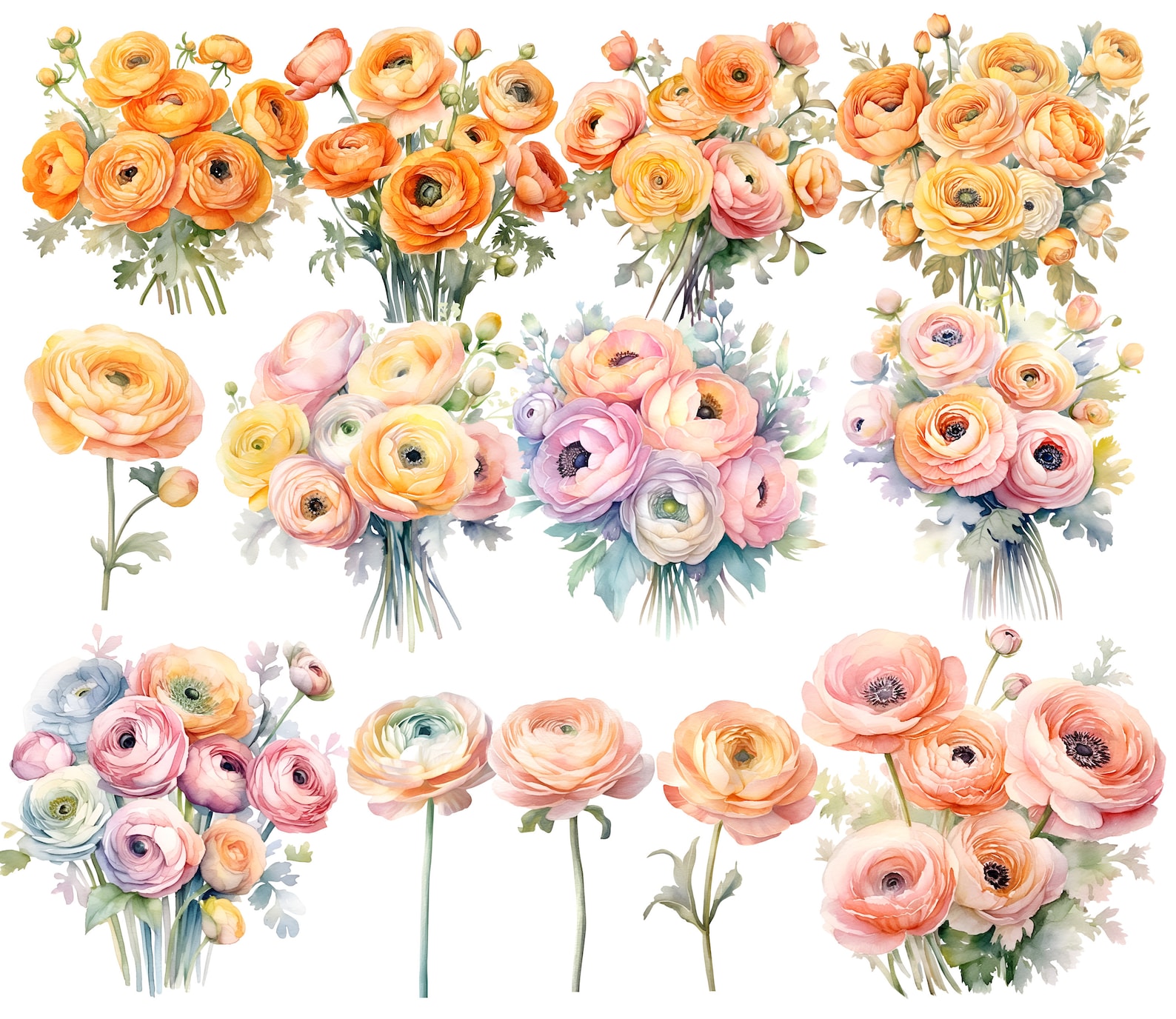Ranunculus Bouquet Clipart Bundle PNG Flower Bunch Clip Art Watercolor ...