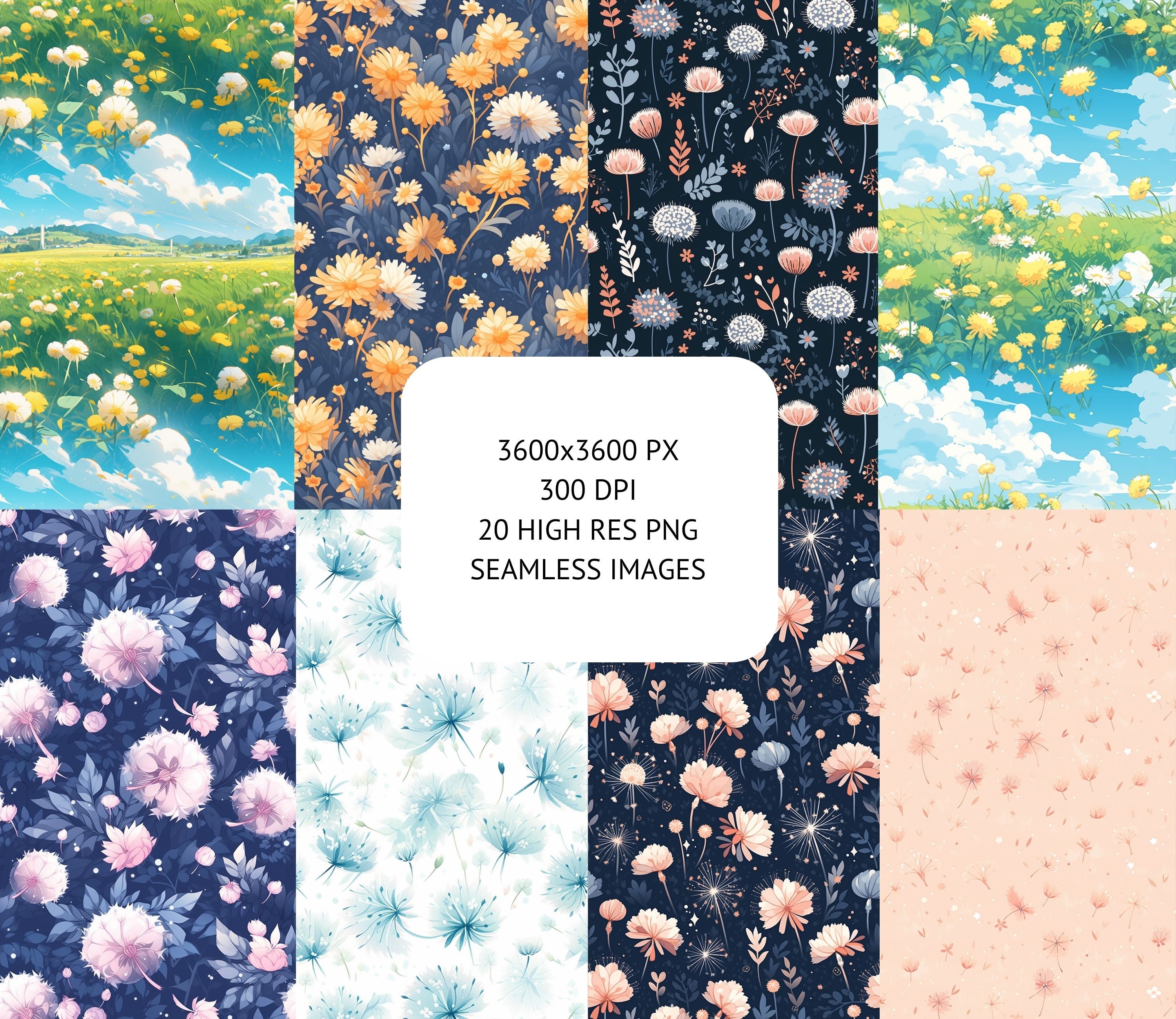 Dandelion Seamless Pattern Lion's-tooth Puff Flowerfield Repeating ...