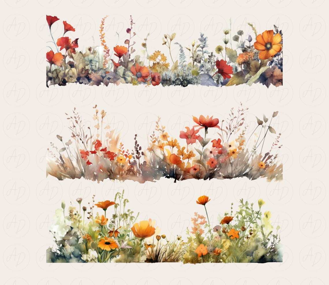 Fall Flower Border Clipart Watercolor Floral Borders Clip Art - Etsy