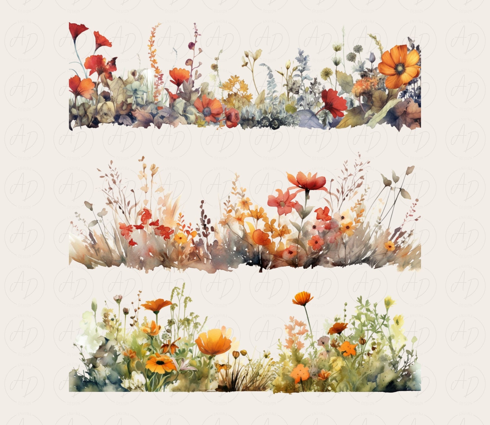 Watercolor Fall Flower Border Clipart: Autumn Wildflower Graphics (PNG ...