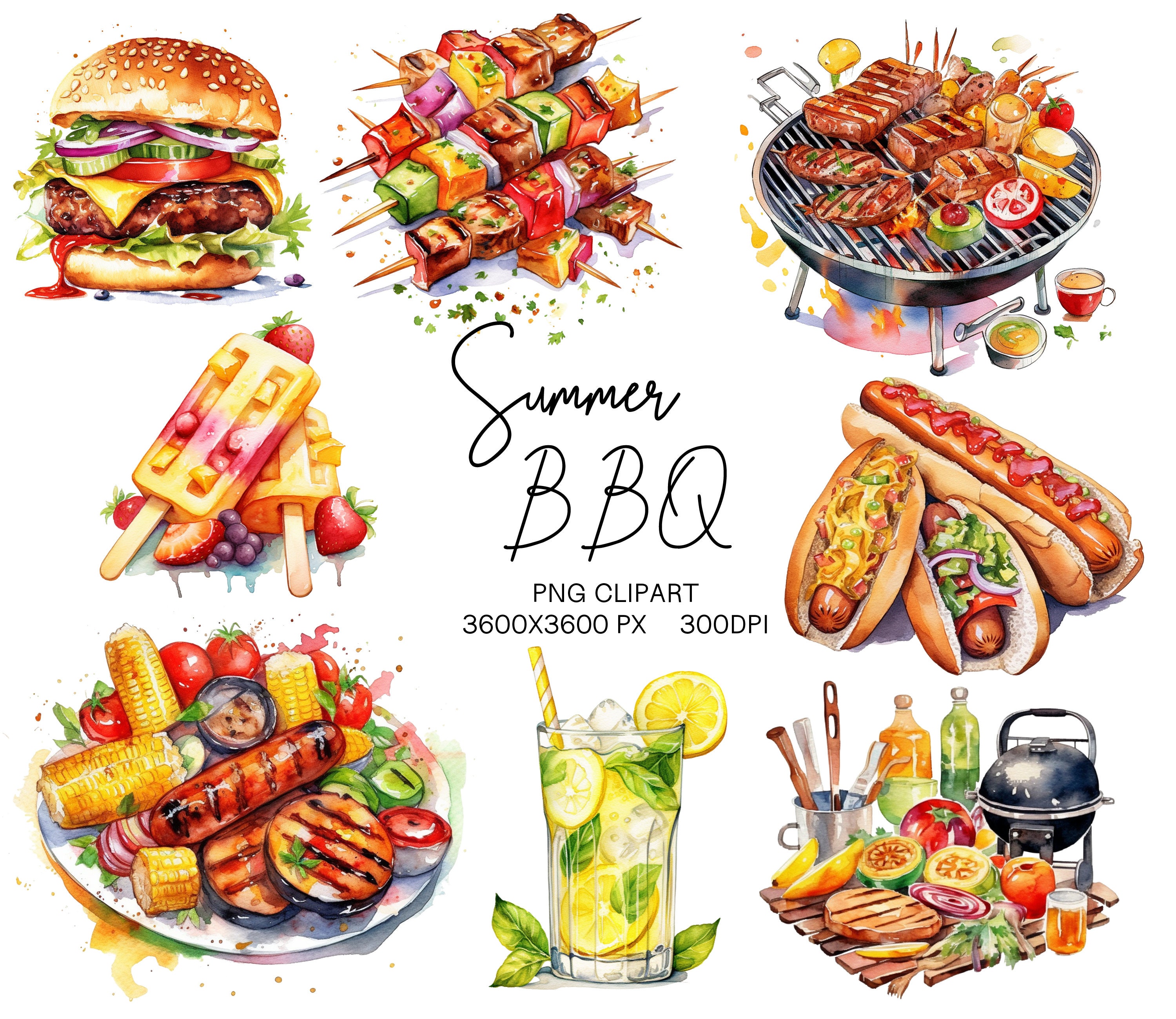 18 Summer BBQ Clipart Watercolor Backyard Barbecue PNG Father's Day Picnic Burgers Grill Party ...