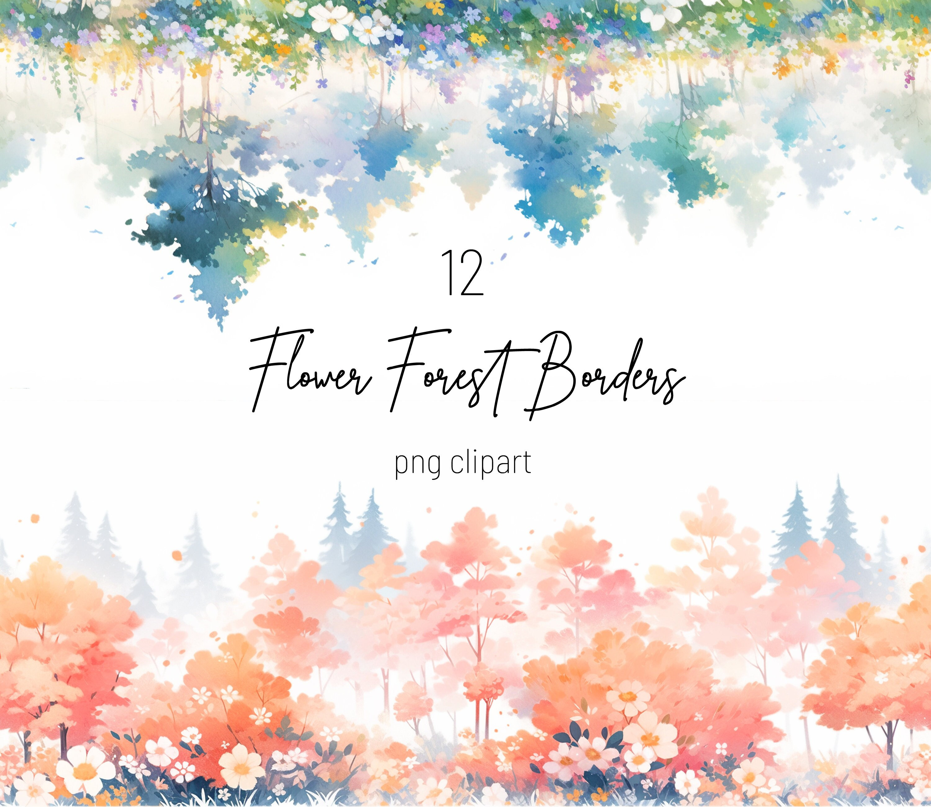 12 Flower Forest Borders Clipart Floral Trees Border Clip Art Meadow ...