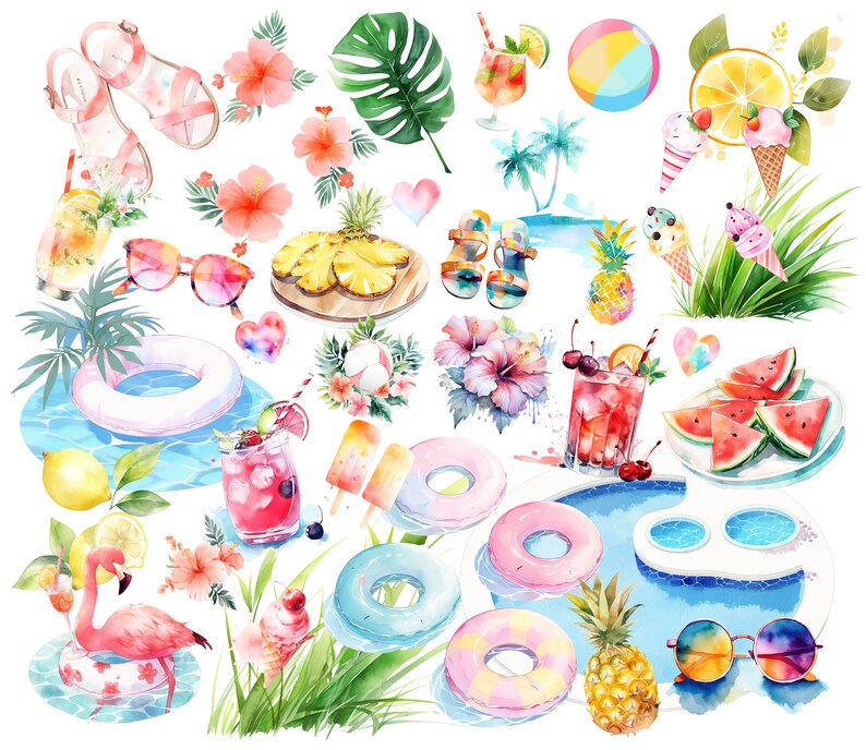 Watercolor Pool Party Clipart Summer Clipart Beach Party Clip Art Pool ...