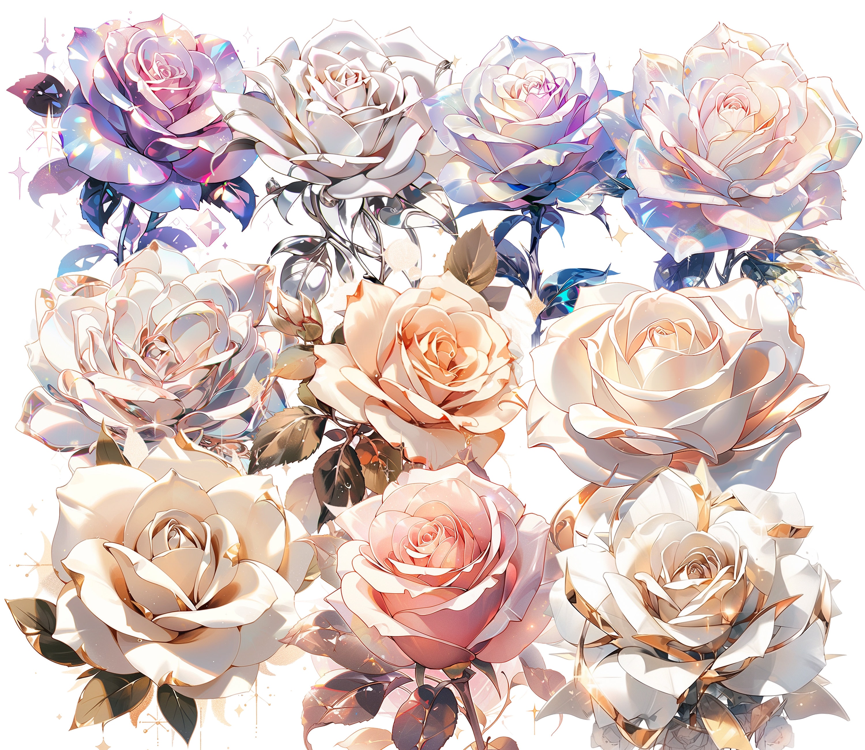 16 Metallic Roses Clipart Iridescent Floral Shiny Rose Clipart - Etsy