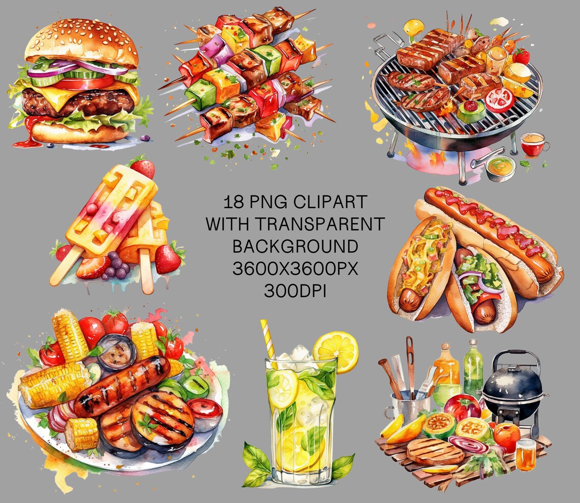 18 Summer BBQ Clipart Watercolor Backyard Barbecue PNG Father's Day ...