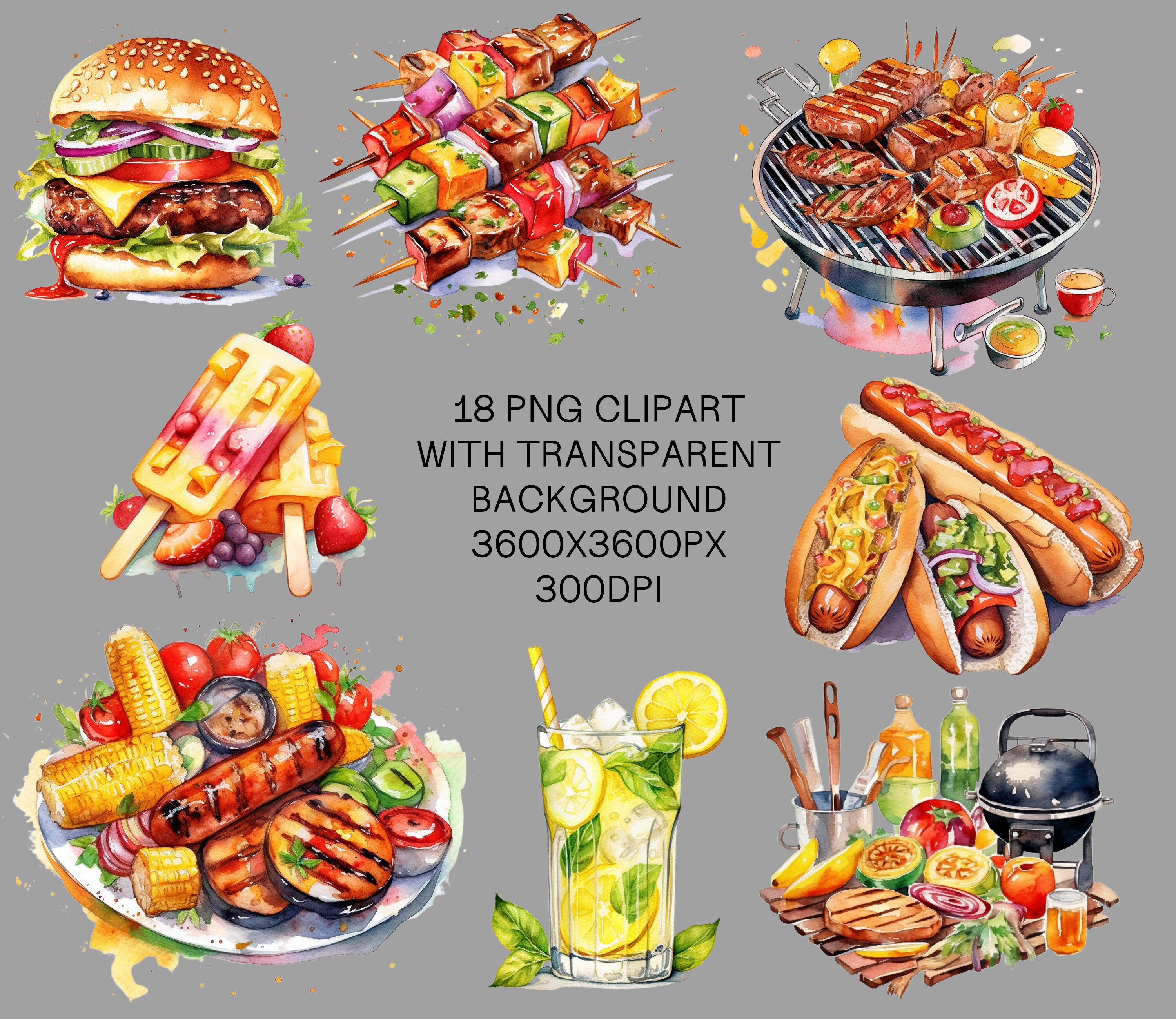 18 Summer BBQ Clipart Watercolor Backyard Barbecue PNG Father's Day ...