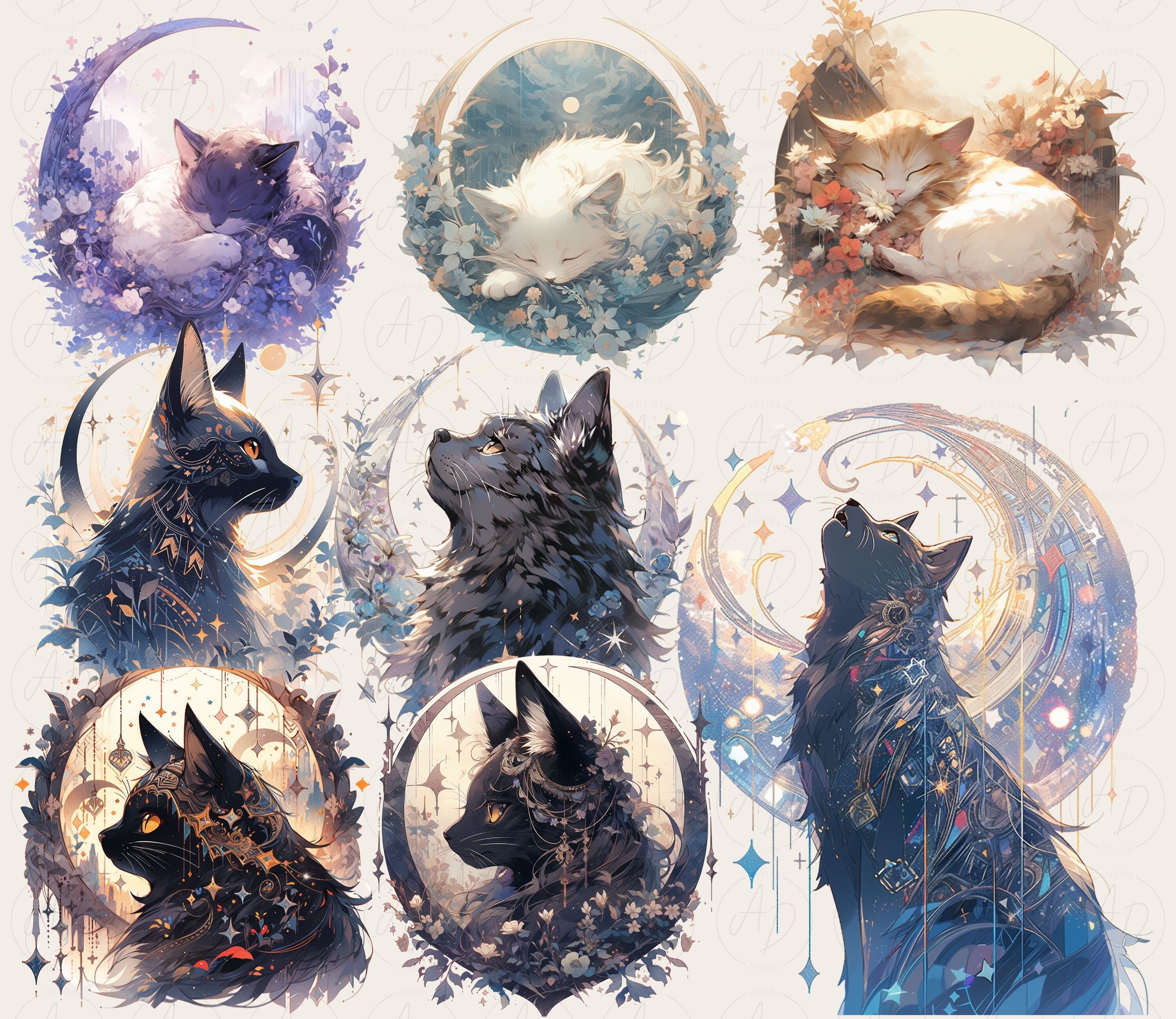 Lunar Cats Clipart Sun Moon Night Cat Clip Art Cute Kitten - Etsy