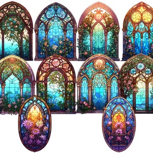 Stained Glass Window Clipart: Fantasy Floral PNG Graphics (commercial ...