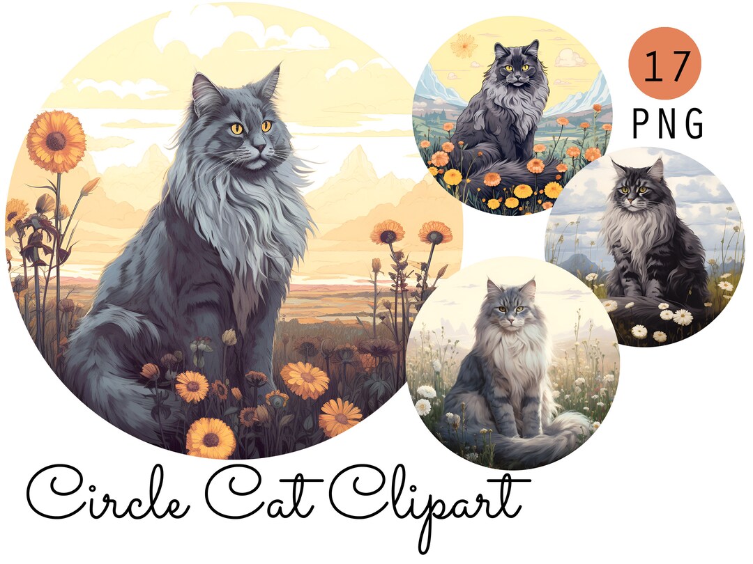 Circle Cat Clipart Grey Cat Clipart Floral Cat Graphics Printable ...