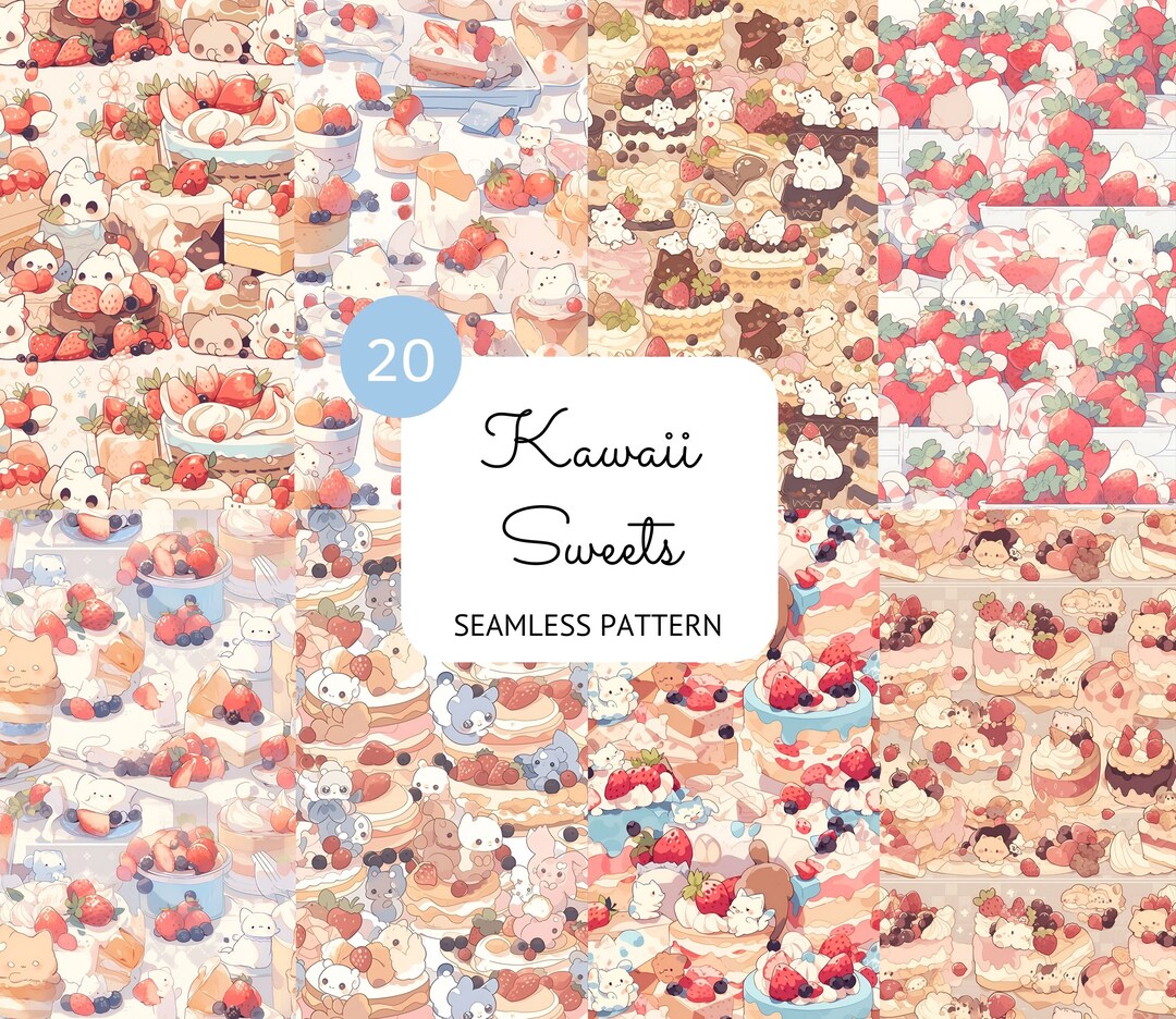 Kawaii Pattern Anime Seamless Pattern Cake Kitten Digital Paper Anime ...