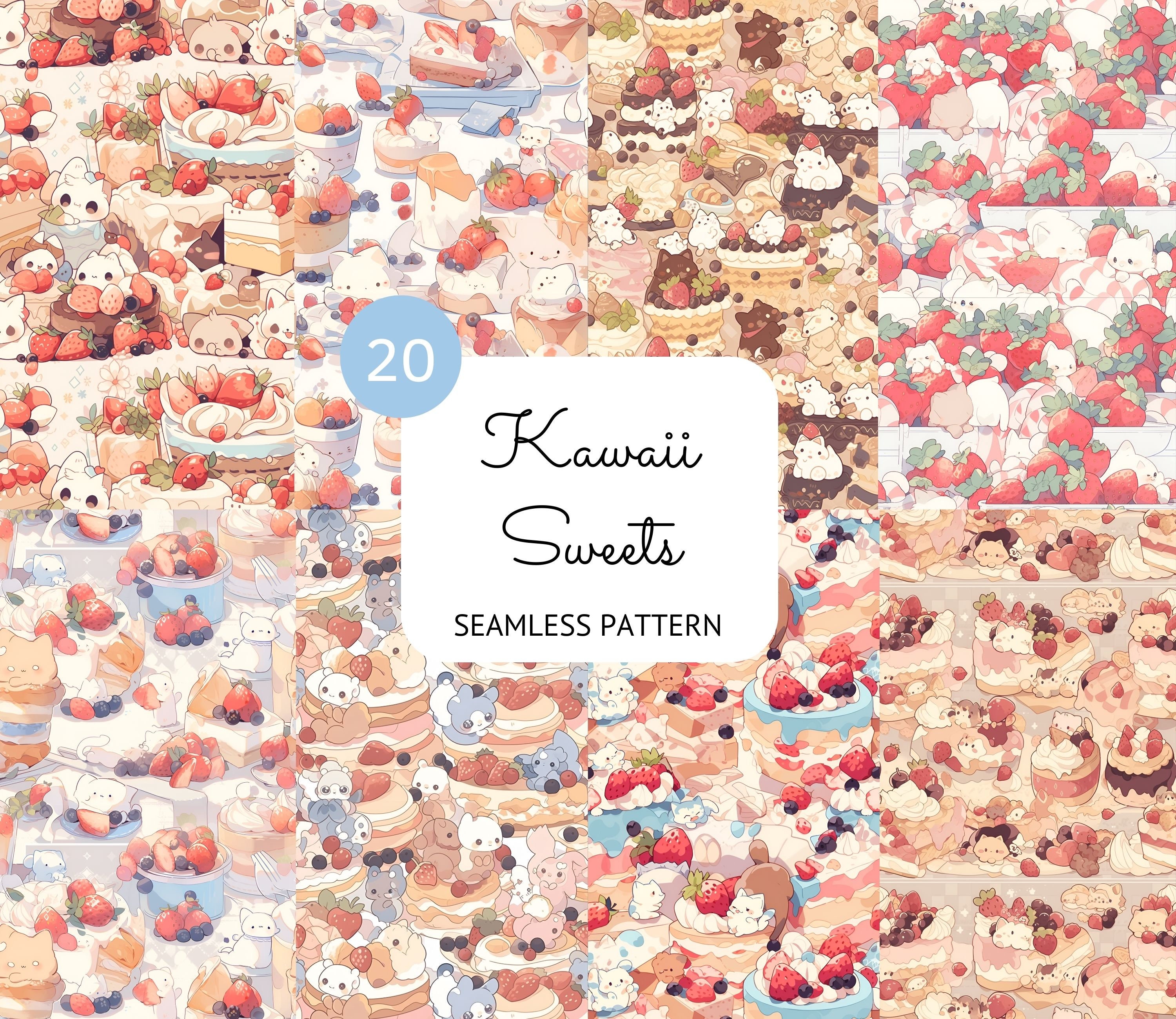 Kawaii Pattern Anime Seamless Pattern Cake Kitten Digital Paper Anime ...