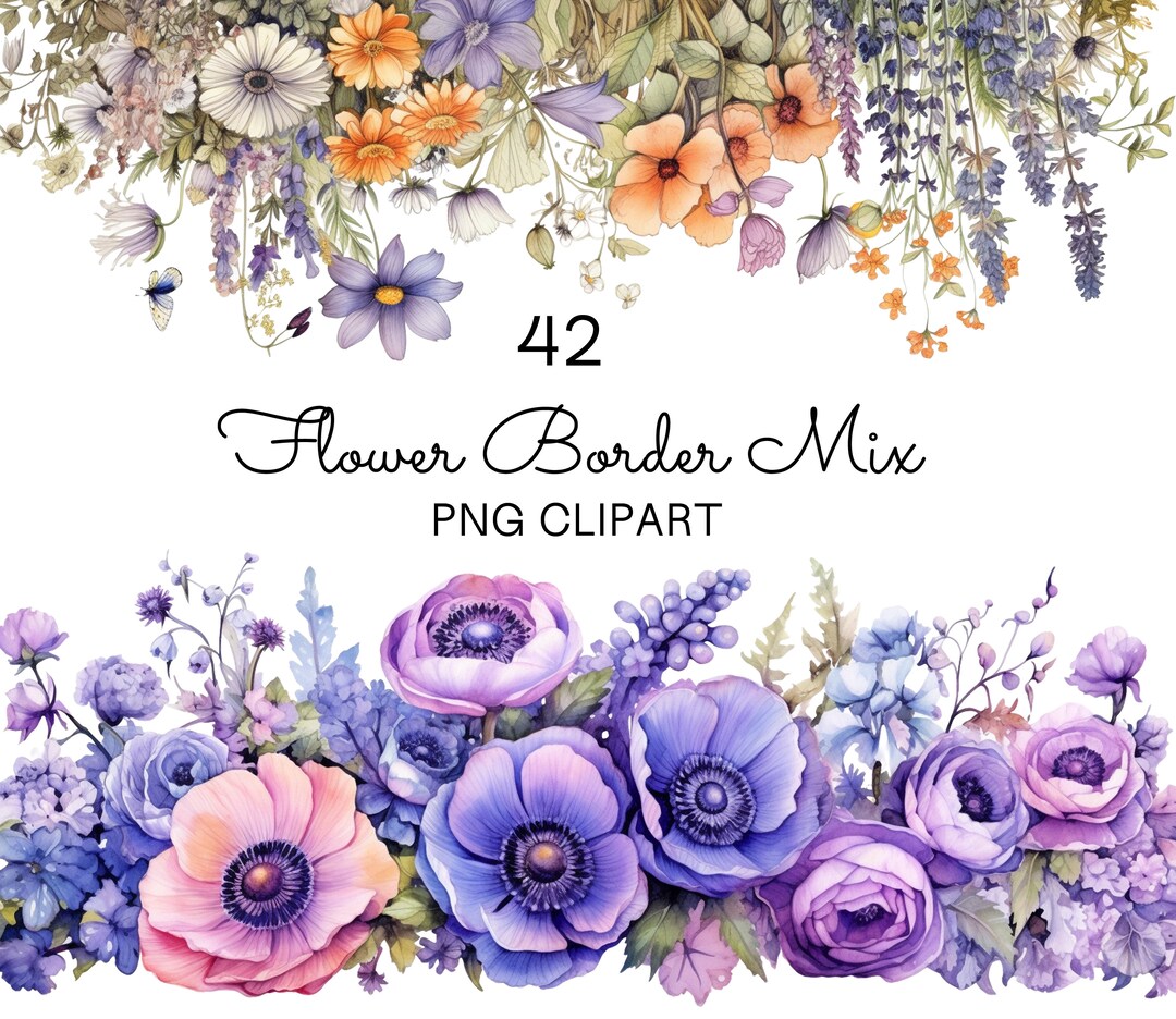 42 Flower Border Mix Clipart Floral Border Clipart Watercolor and ...