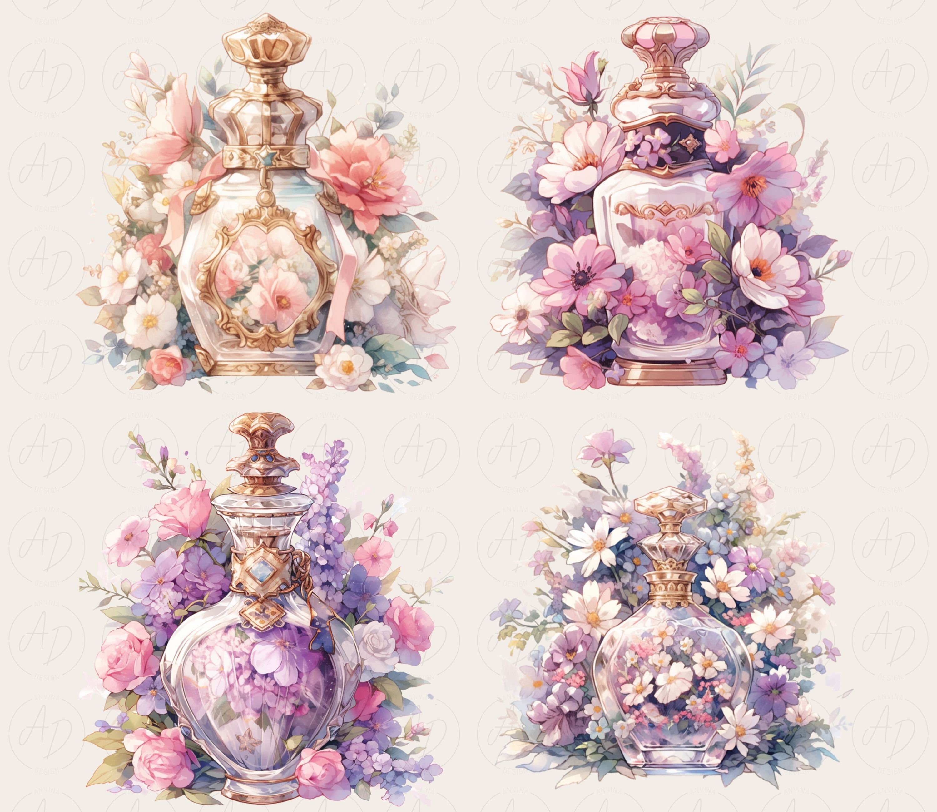Ink Bottle Clipart Vintage Perfume Bottle Clip Art Watercolor Floral ...