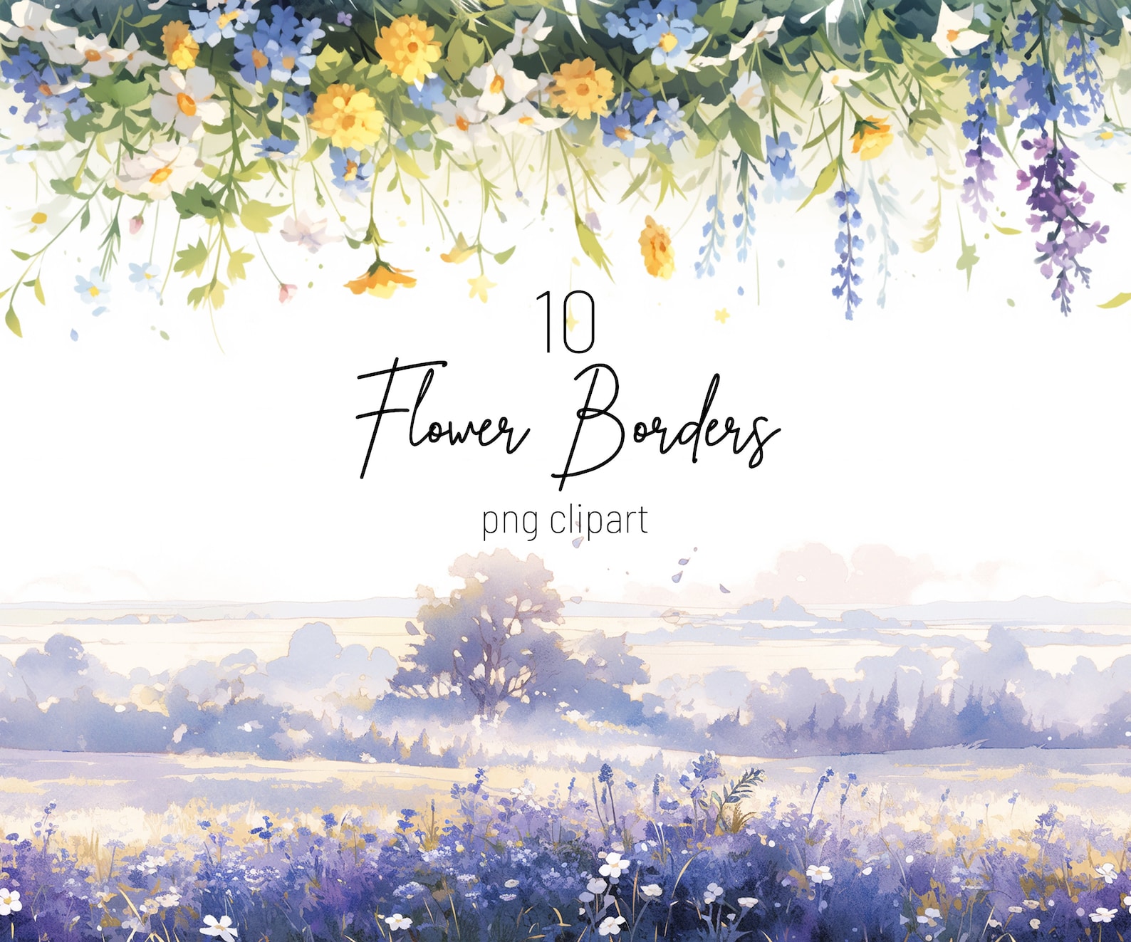 10 Watercolor Flower Border Clip Art: Wildflower Meadow (PNG Digital ...