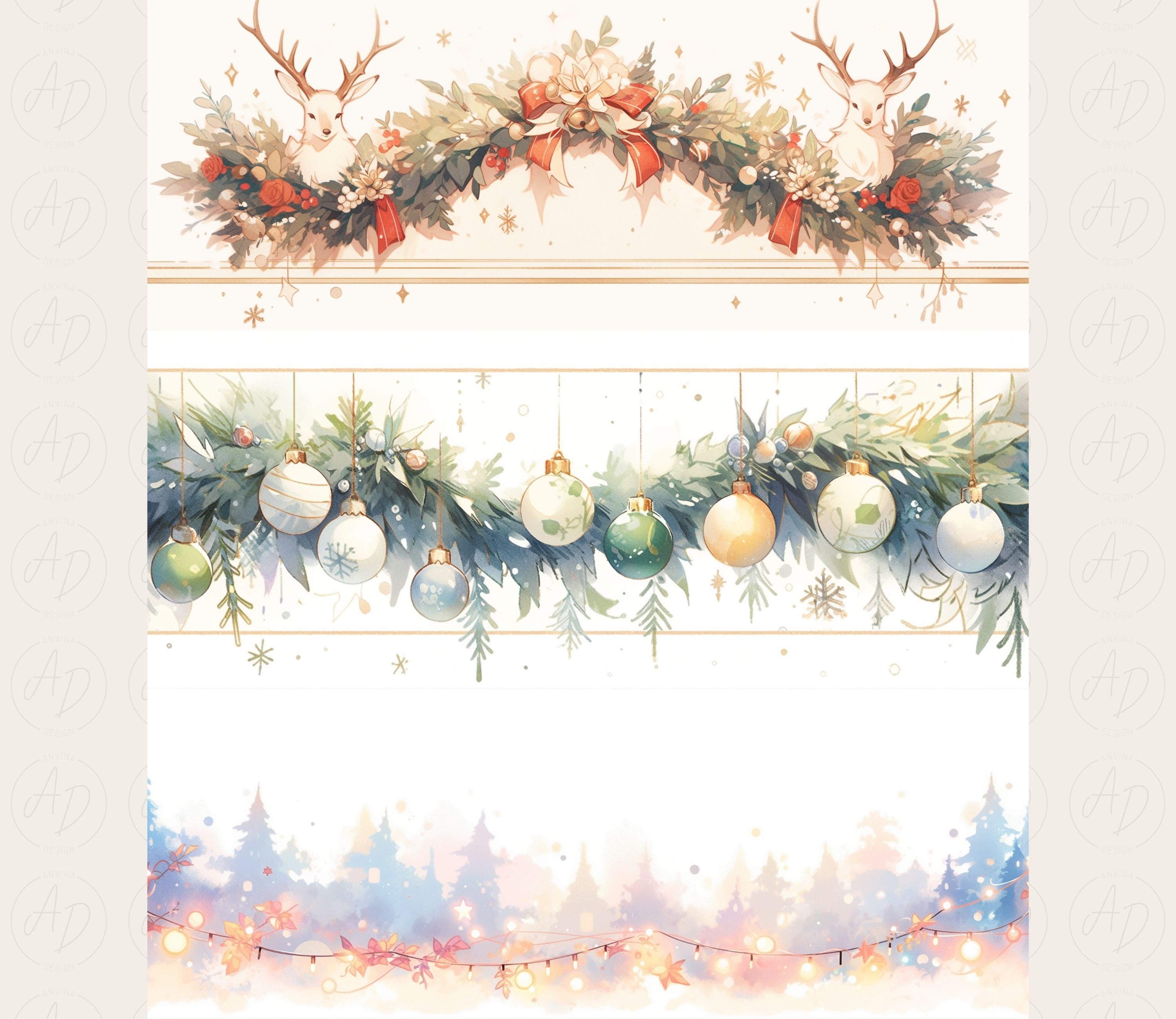 Christmas Deer Borders Clipart: Holiday Card Making Graphics (digital ...