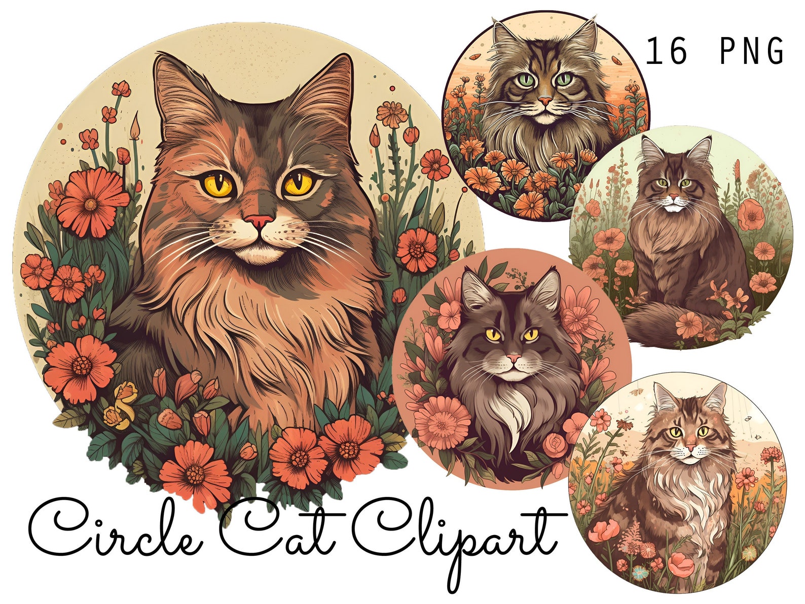 Circle Cat Clipart Brown Tabby Cat Clipart Floral Cat Graphics ...
