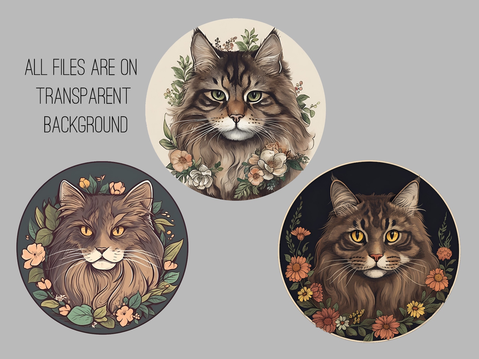 Circle Cat Clipart Brown Tabby Cat Clipart Floral Cat Graphics ...