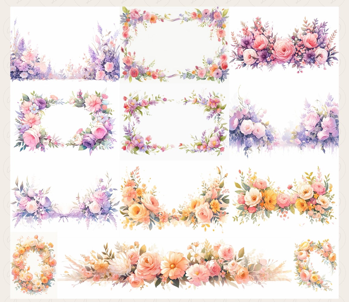 Floral Mix Clipart Watercolor Flower Border Wreath Clip Art - Etsy