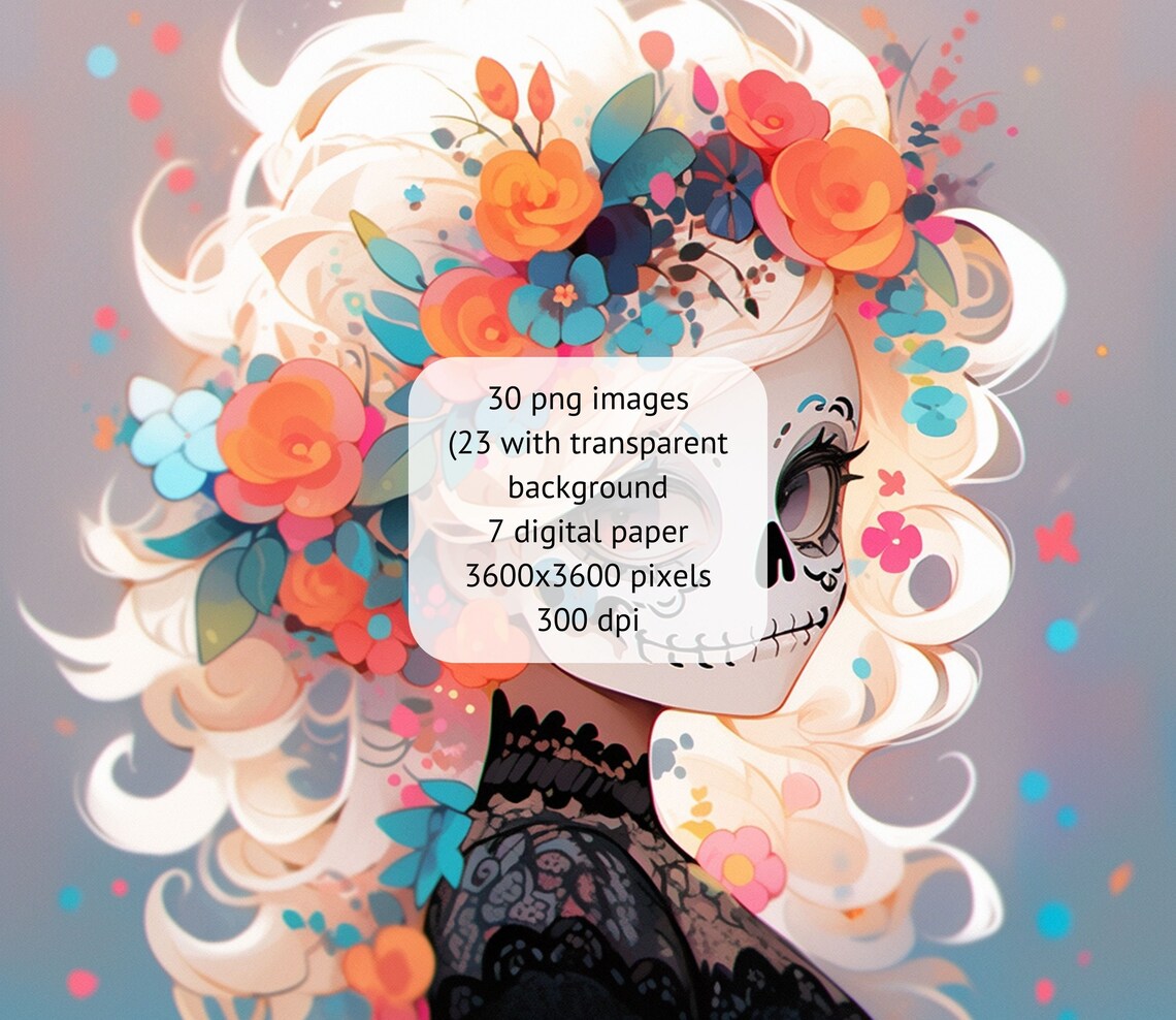 Floral Sugar Skull Clipart Day of the Dead Clip Art Dia De Los - Etsy