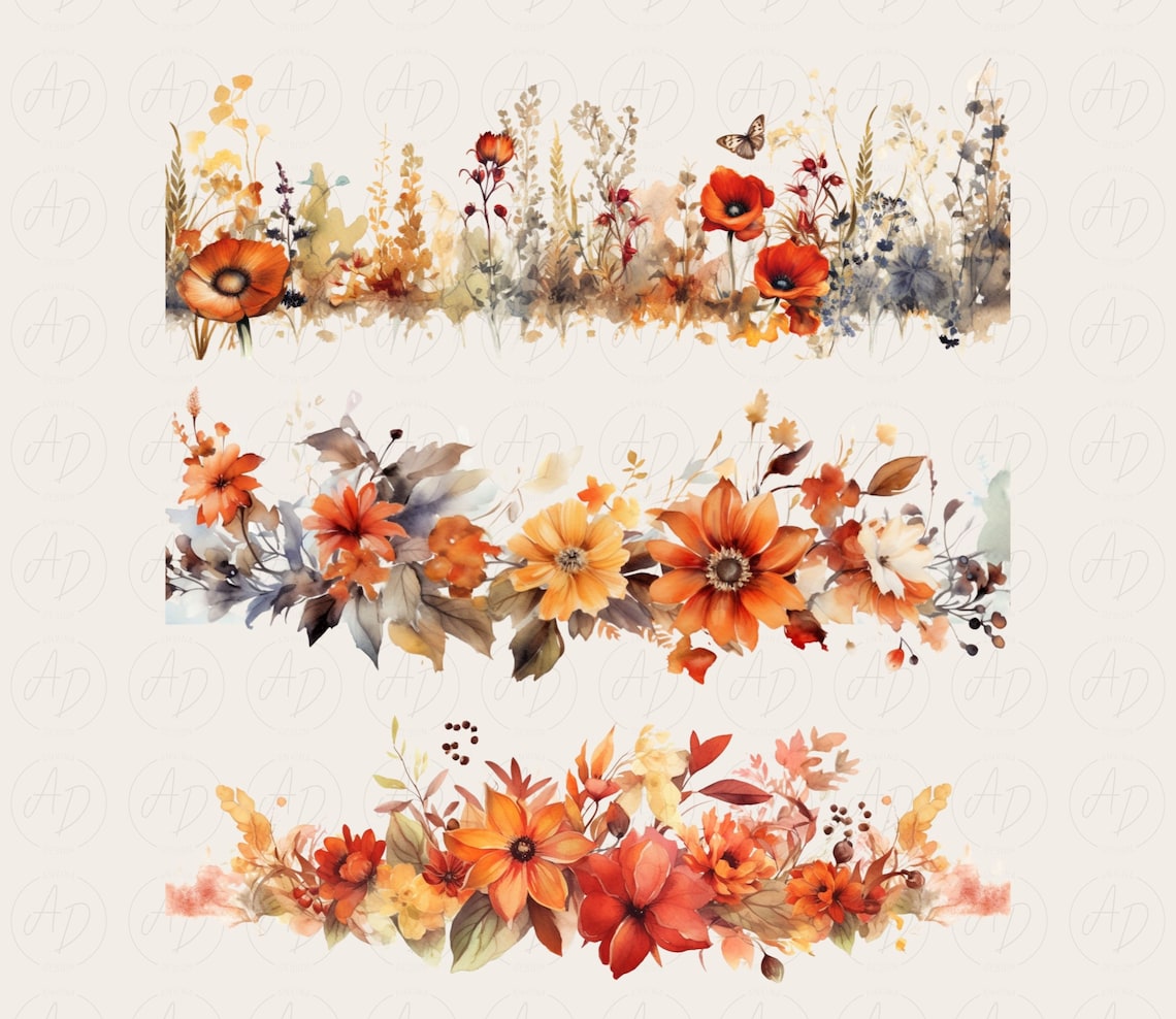 Fall Flower Border Clipart Watercolor Floral Borders Clip Art - Etsy