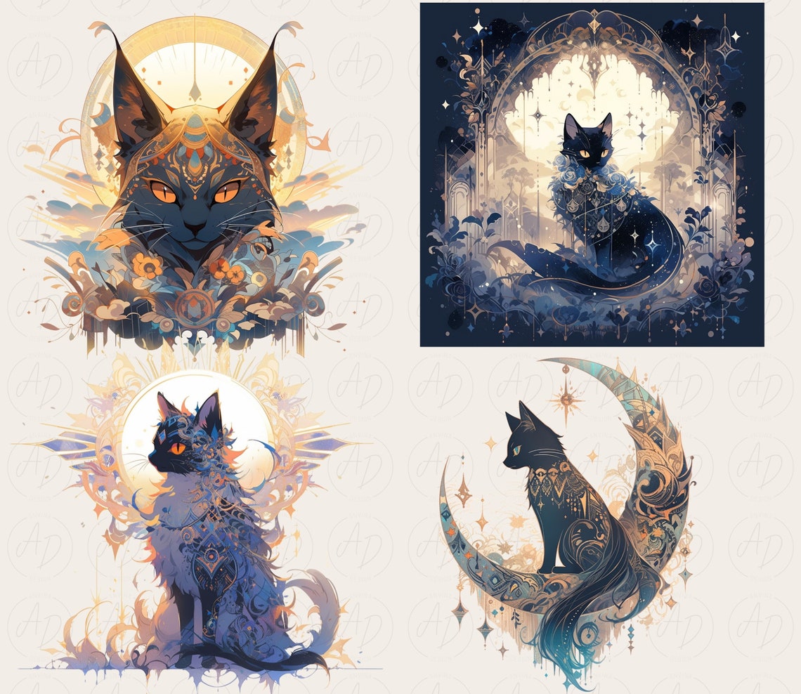 Lunar Cats Clipart Sun Moon Night Cat Clip Art Cute Kitten - Etsy