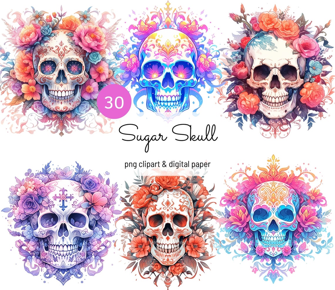 Floral Sugar Skull Clipart Day of the Dead Clip Art Dia De Los - Etsy
