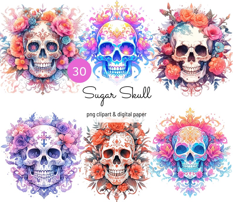 Floral Sugar Skull Clipart Day of the Dead Clip Art Dia De Los Muertos ...