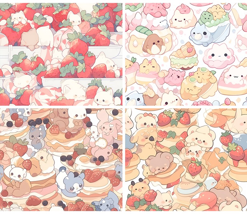 Kawaii Pattern Anime Seamless Pattern Cake Kitten Digital Paper Anime ...
