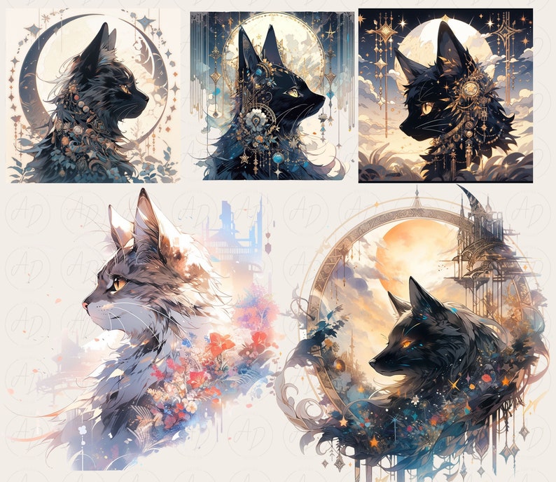 Lunar Cats Clipart Sun Moon Night Cat Clip Art Cute Kitten - Etsy