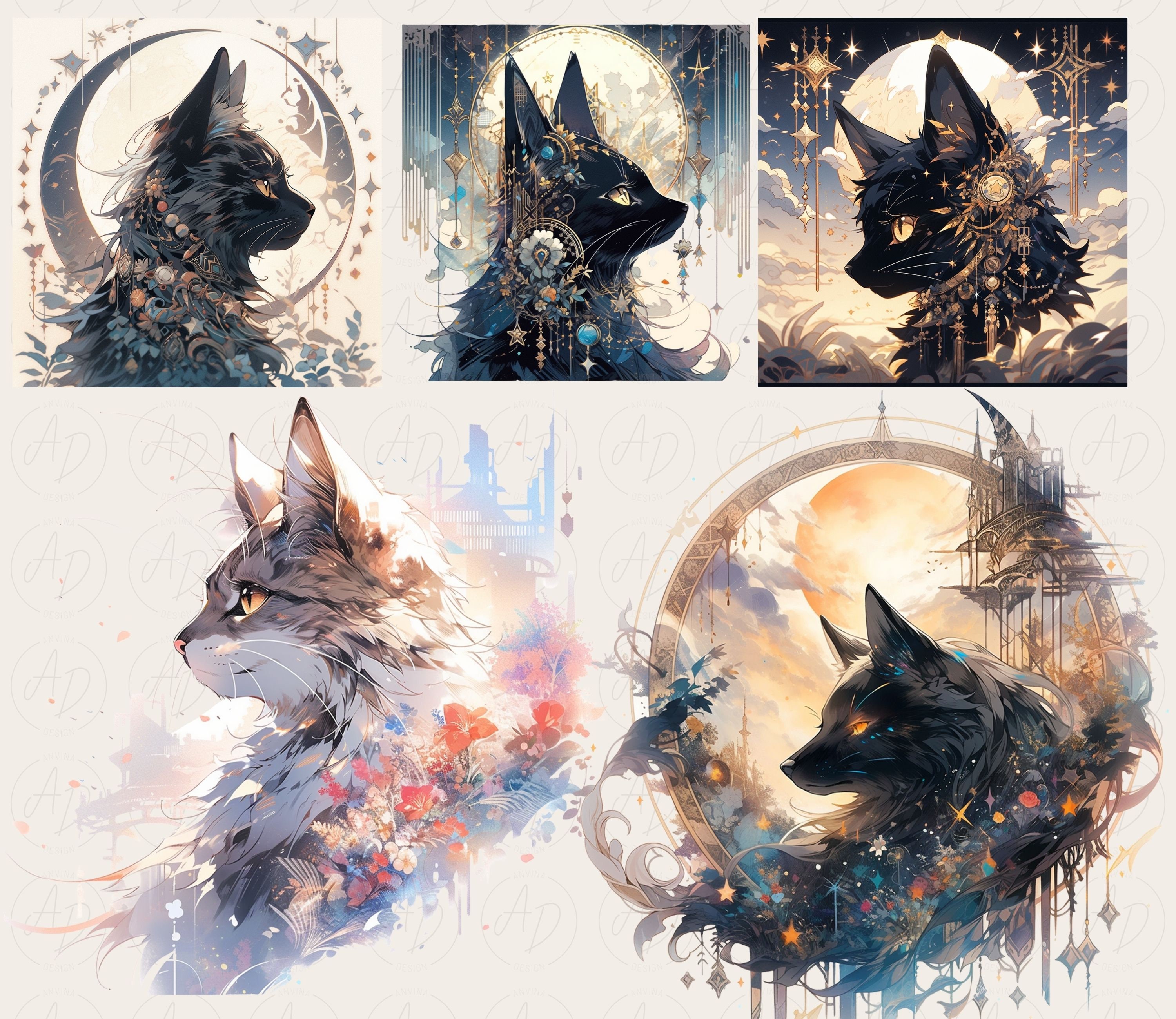 Lunar Cats Clipart Sun Moon Night Cat Clip Art Cute Kitten - Etsy