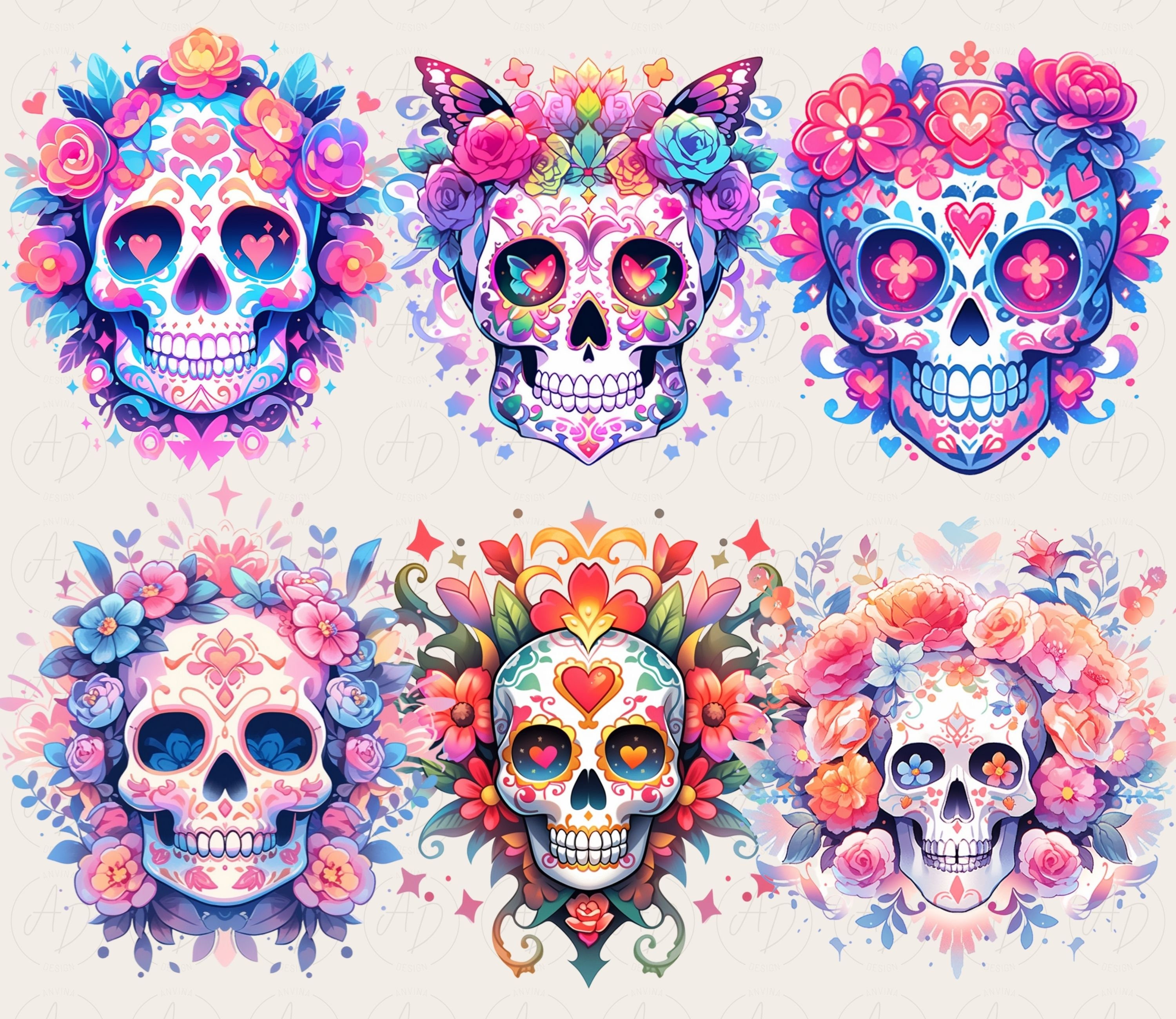 Floral Sugar Skull Clipart Day of the Dead Clip Art Dia De Los Muertos ...