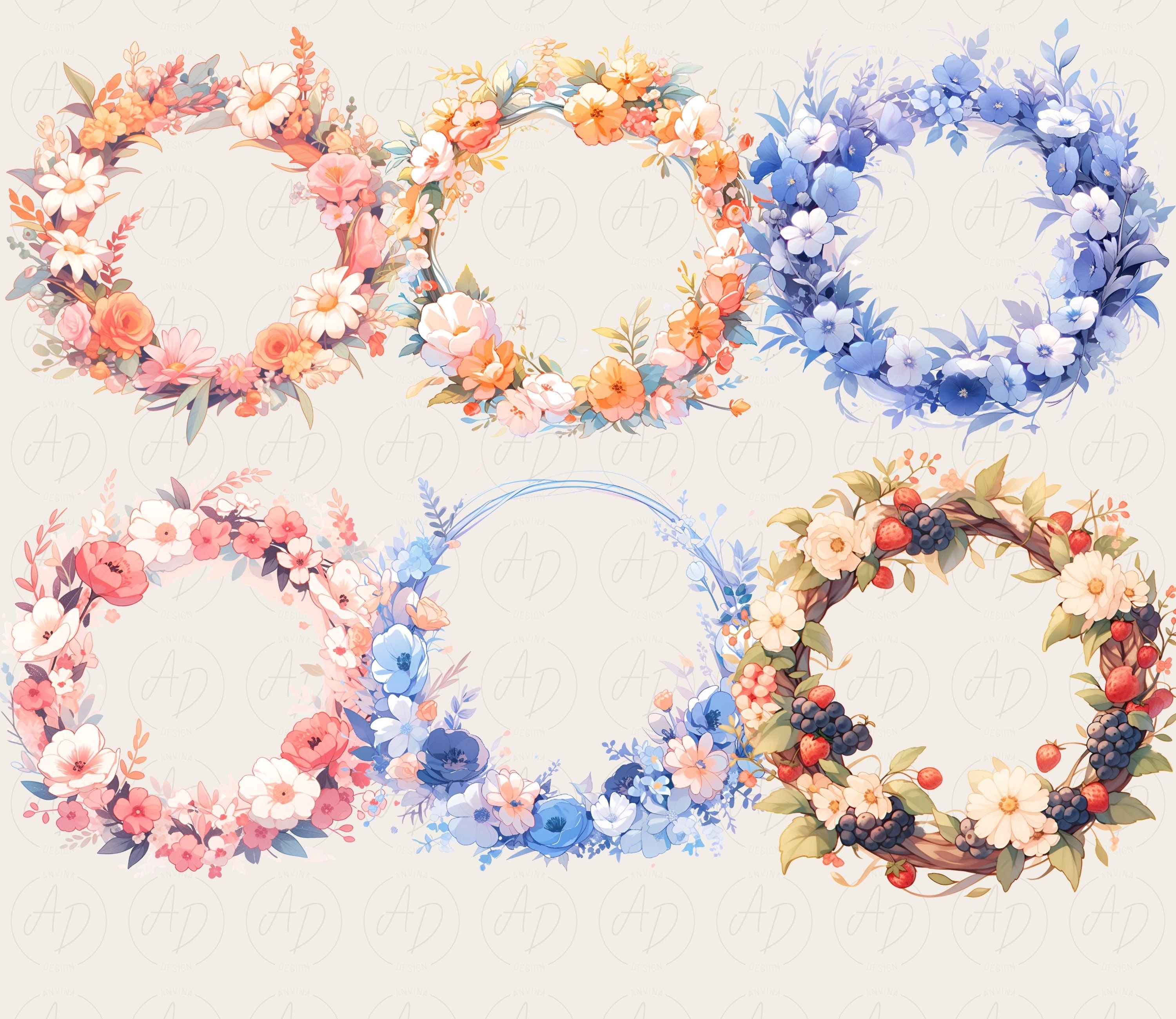 Floral Wreath Clipart Watercolor Flower Wreaths Clip Art Spring Floral ...