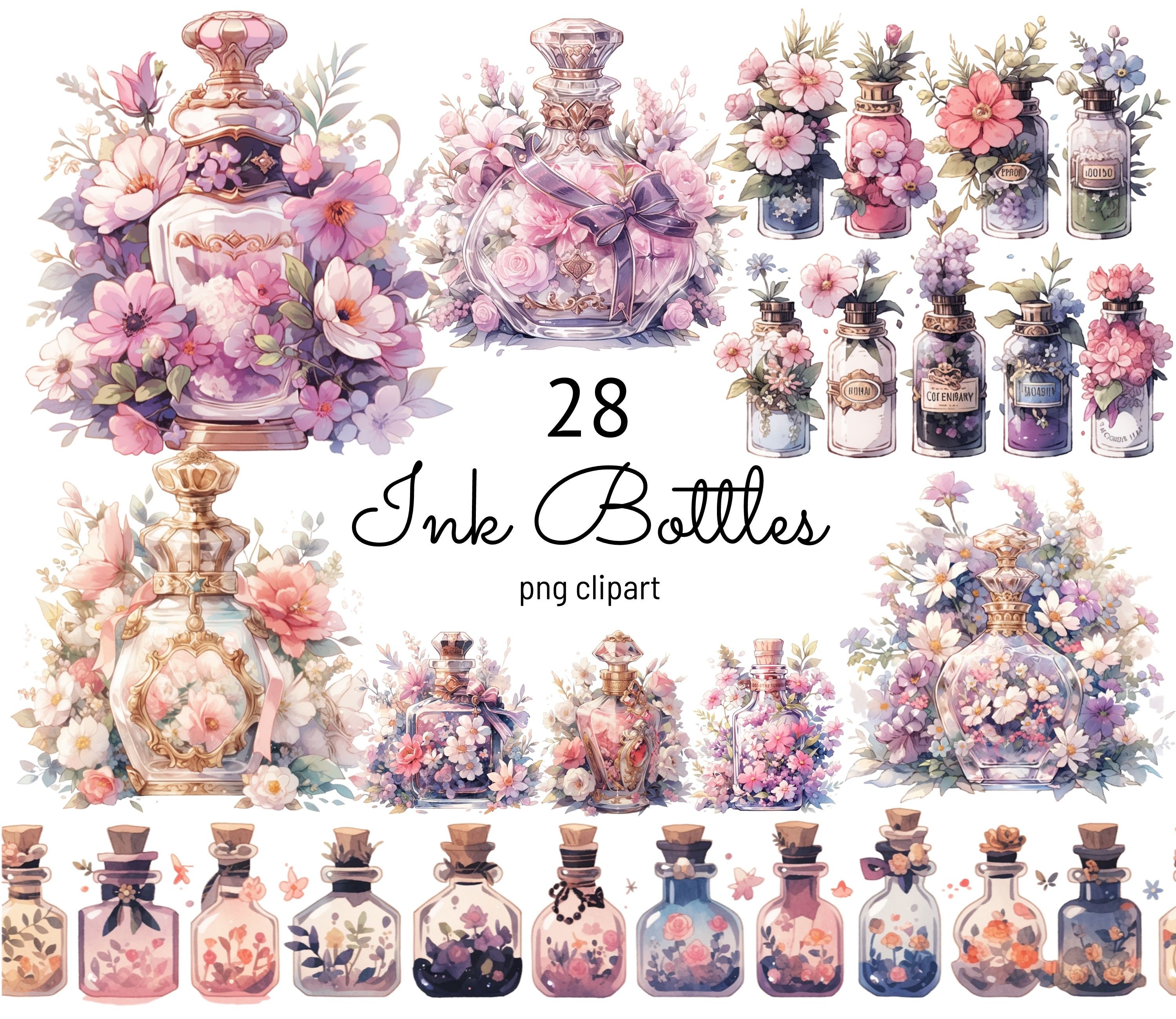 Ink Bottle Clipart Vintage Perfume Bottle Clip Art Watercolor Floral ...