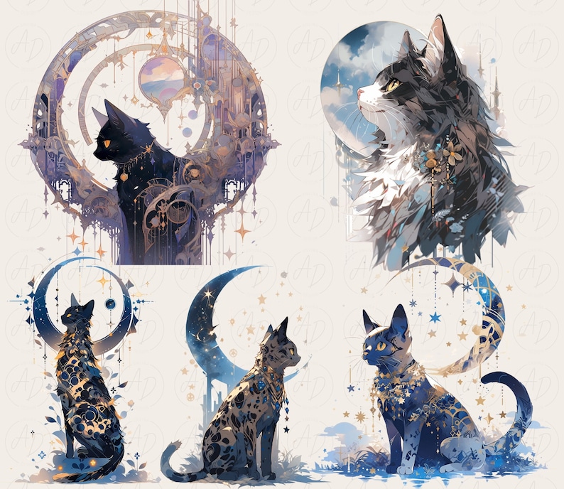 Lunar Cats Clipart Sun Moon Night Cat Clip Art Cute Kitten - Etsy