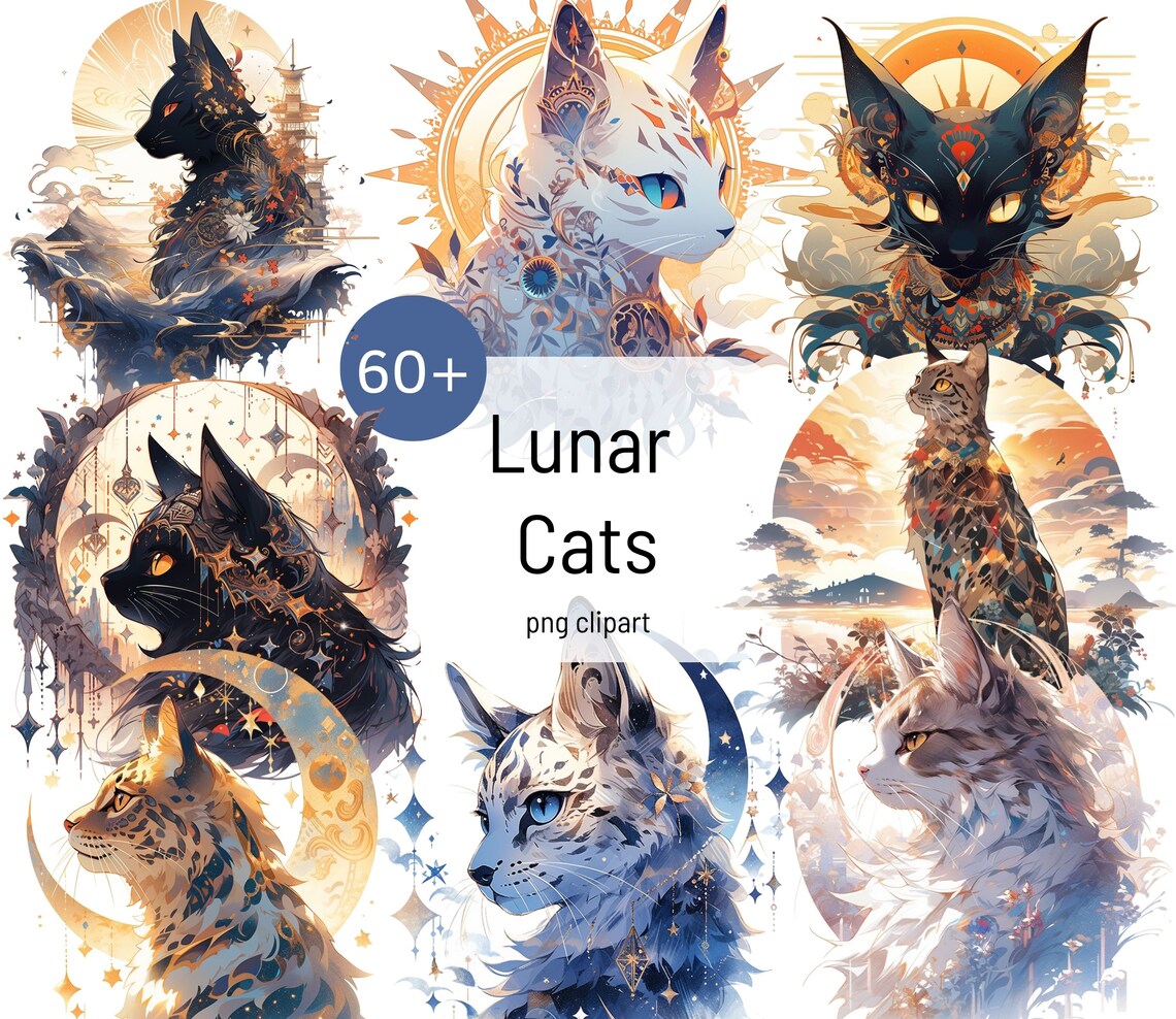 Lunar Cats Clipart Sun Moon Night Cat Clip Art Cute Kitten - Etsy