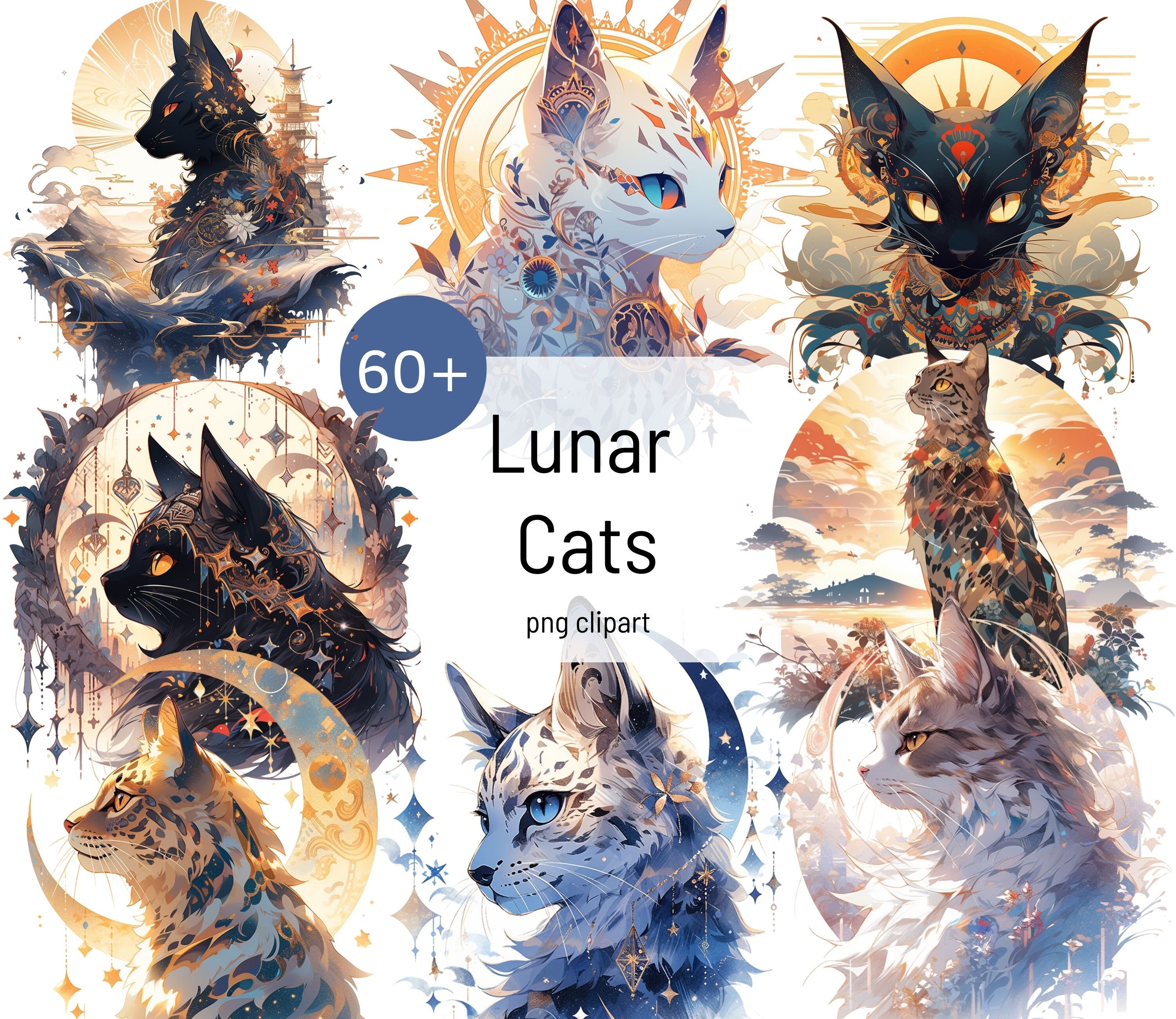 Lunar Cats Clipart Sun Moon Night Cat Clip Art Cute Kitten - Etsy