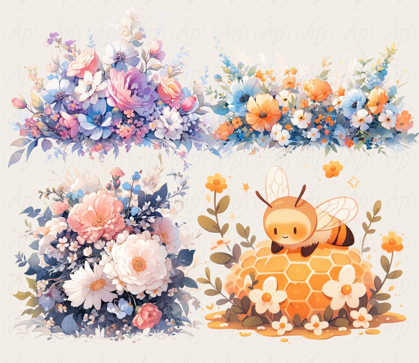 Honey Bee Clipart Honeycomb Clip Art Wildflower Wreath Floral PNG Honey ...