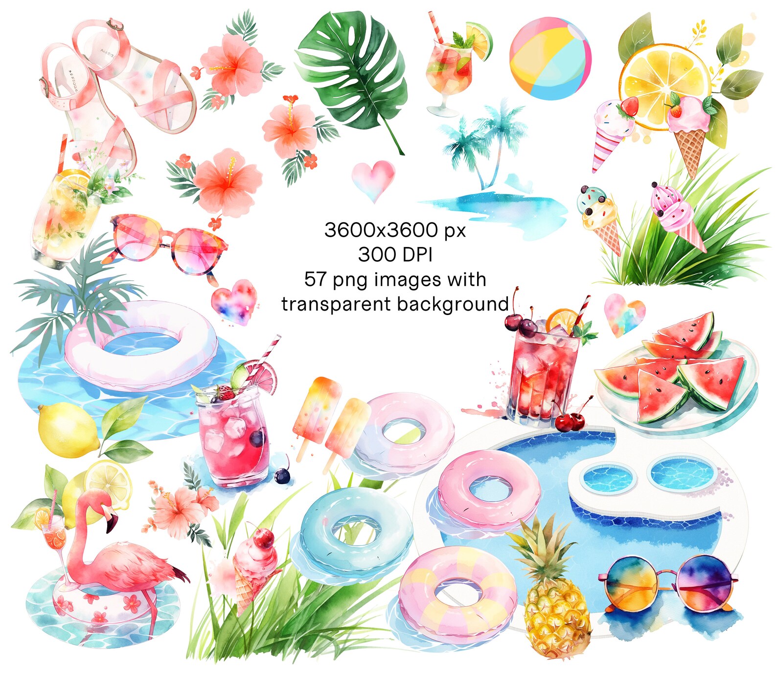 Watercolor Pool Party Clipart Summer Clipart Beach Party Clip Art Pool ...