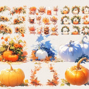 Autumn Clipart Fall Pumpkin Clip Art Thanksgiving Florals Watercolor ...