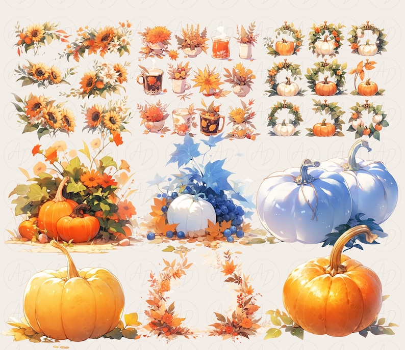 Autumn Clipart Fall Pumpkin Clip Art Thanksgiving Florals Watercolor ...